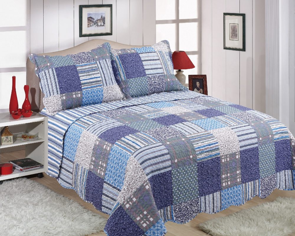 Patchwork Bedspread Blue uk | Cottage Style Bedding | Single Bed